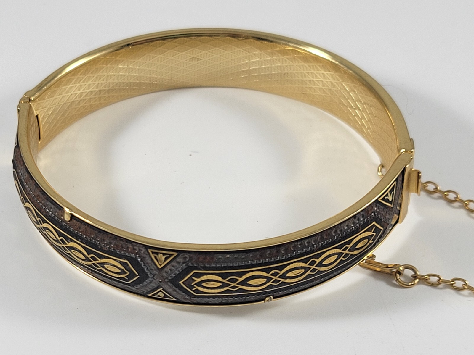 Vintage Damascene Bangle Safety Chain Black Gold Tone… - Gem