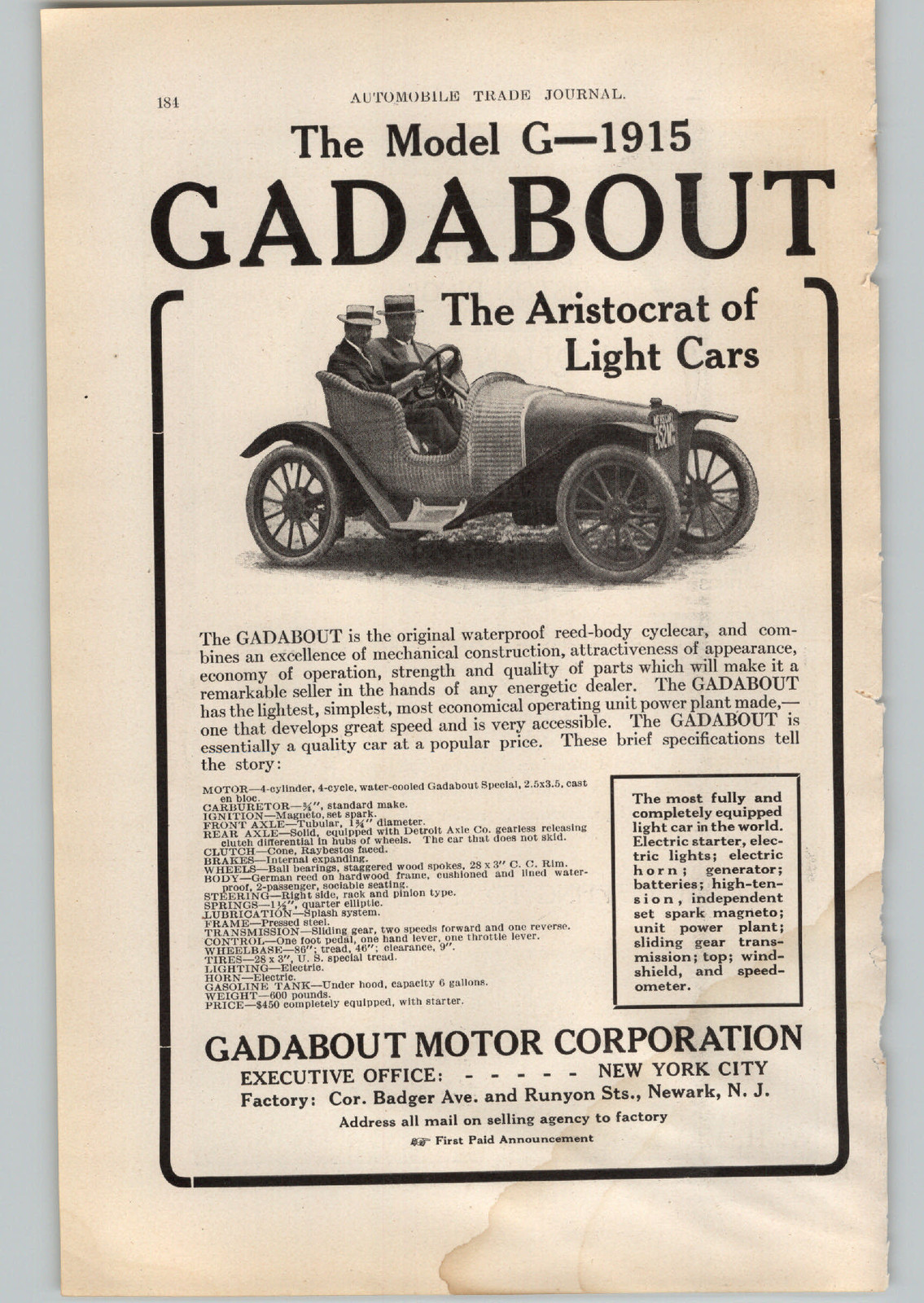 1914 Paper Ad Car Auto Automobile Gadabout Model G 1915 Gadabout Motor ...