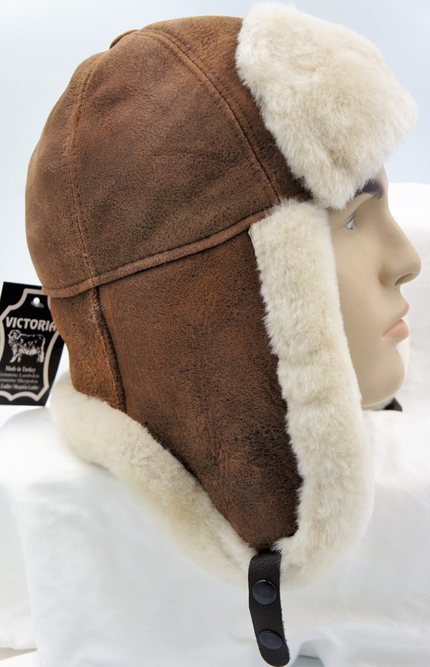 REAL Sheepskin Shearling Leather Hat Trapper Ushanka Hunting ESPRESSO ...