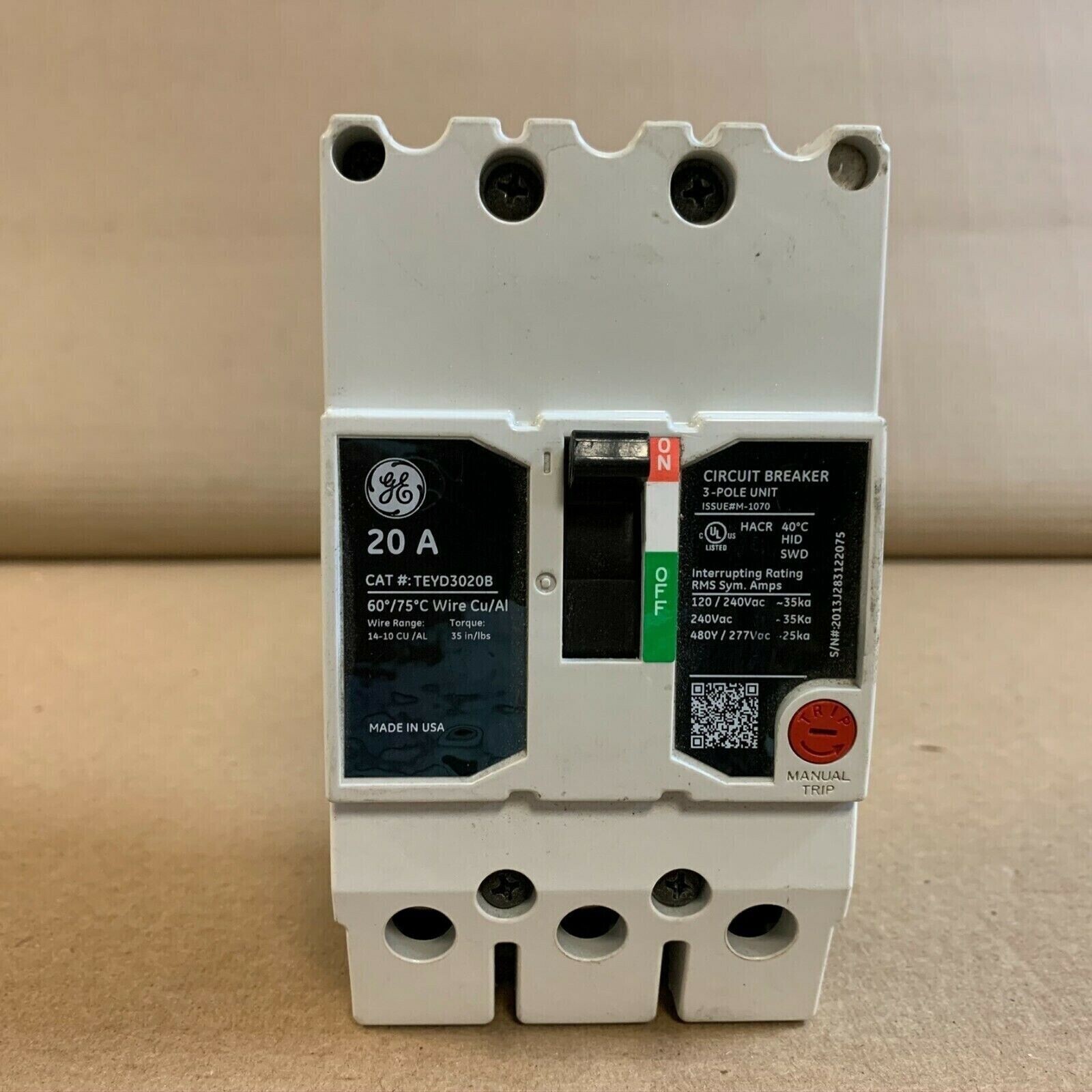 GE General Electric TEY TEYD TEYD3020B 3 Pole 20 Amp 480Y/277V Circuit ...