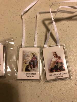 Brown Scapular in plastic Our Lady of Mt Mount Carmel Saint Simon white ...