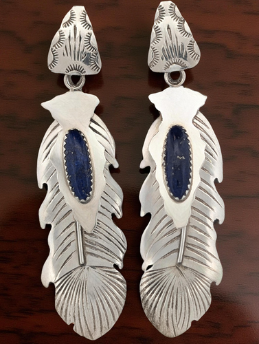 NATIVE AMERICAN STERLING SILVER 3 PART FEATHER LAPIS DANGLE POST ...