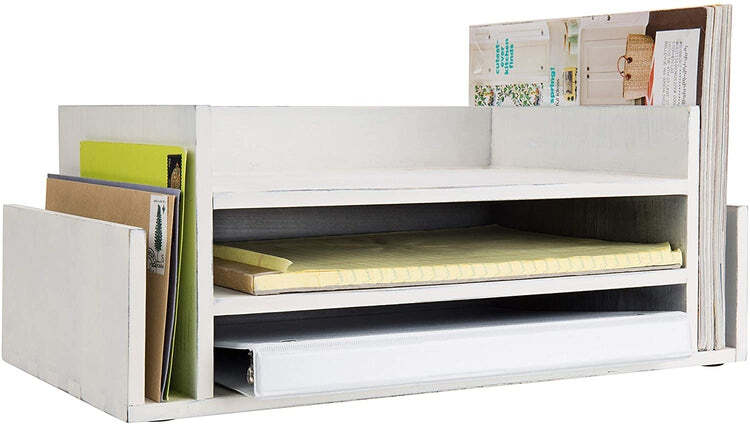 3-Tier Vintage White Wood Office Desktop File & Document Tray and Mail ...