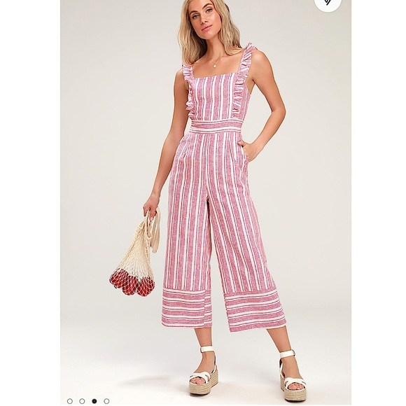 LULU’S Linen Emilia Rae White and Red Striped Ruffle Culotte Jumpsuit ...