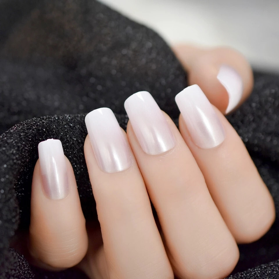 24 Medium Press on Nails kit glue on square pearl french ombre pink ...