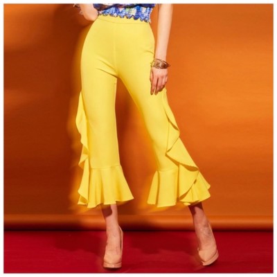 Bold Yellow Flared Ruffle High Waist Stretch Capri Crop Pants H25 | eBay