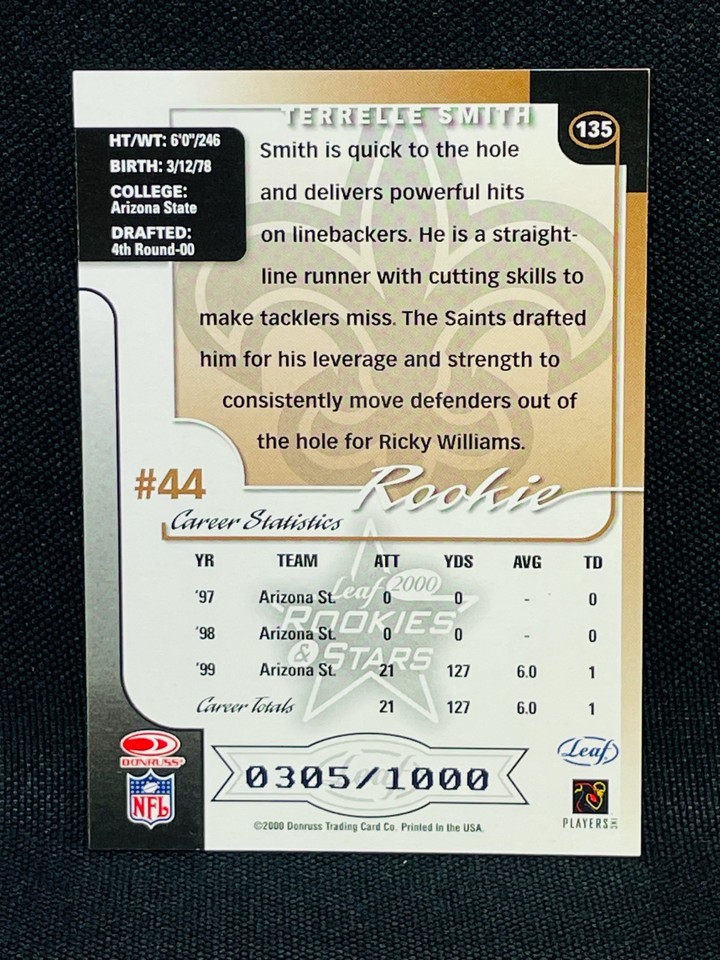 2000 Leaf Rookies & Stars Football - TERRELLE SMITH RC #135 /1000 ...