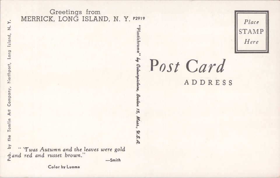 Postcard Greetings From Merrick, Long Island, New York Autumn Scene | eBay