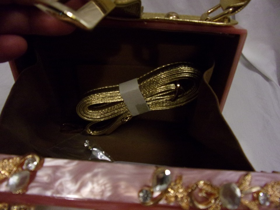 Vintage StylePink & Gold Fillagree Trim Lucite Blinged out Box Bag ...