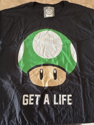 Nintendo Mens Mario Get a Life 1-Up Mushroom BLACK Shirt New 2XLT BIG ...
