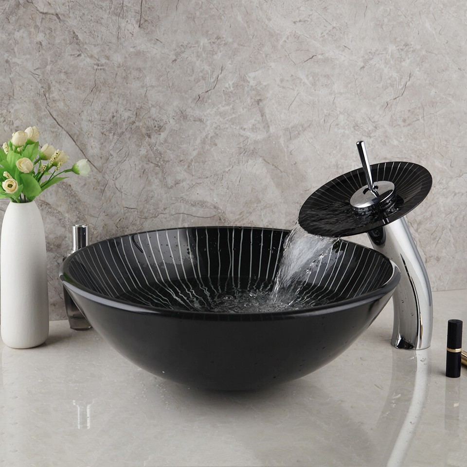 Black Tempered Glass Bathroom Basin Bowl Container Vessel With Mixer ...