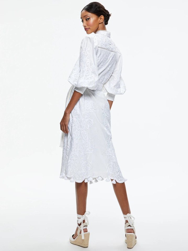 ALICE + OLIVIA SHANLEY WHITE EMBROIDERED BUTTON FRONT MIDI DRESS SIZE 6 ...