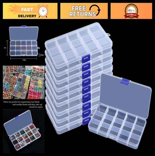 10 Pack Plastic Bead Organizer with Adjustable Dividers - Clear Storage ...