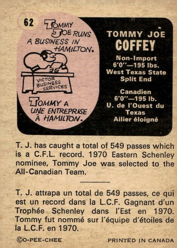 1971 O-Pee-Chee CFL #62 Tommy Joe Coffey Hamilton Tiger-Cats VG-VGEX ...