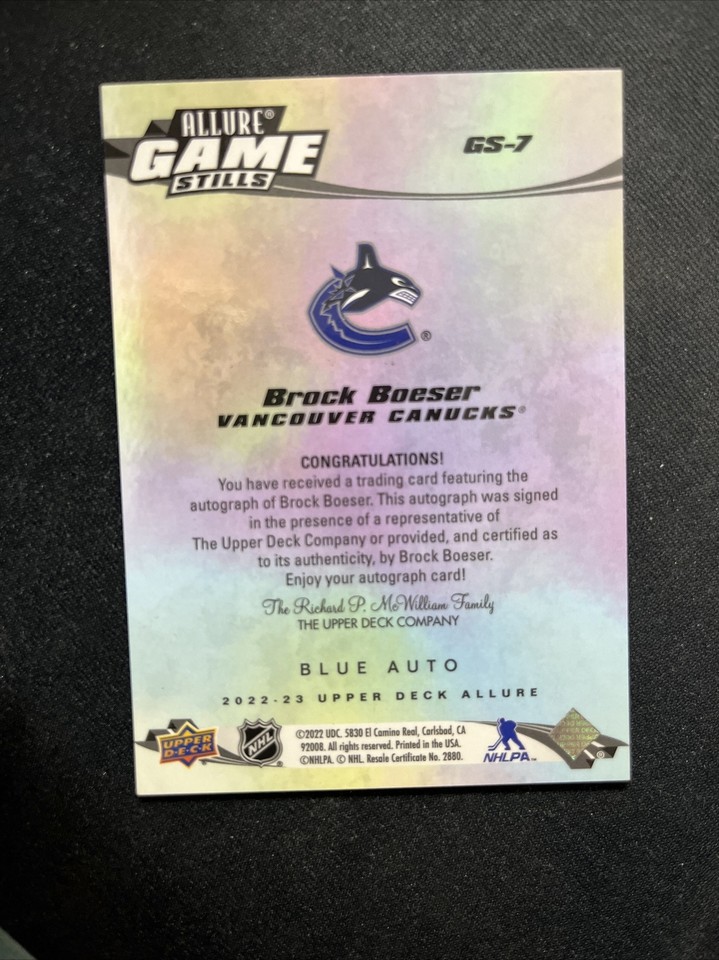 22-23 UD Allure Hockey Game Stills Blue Auto GS-7 Brock Boeser | eBay