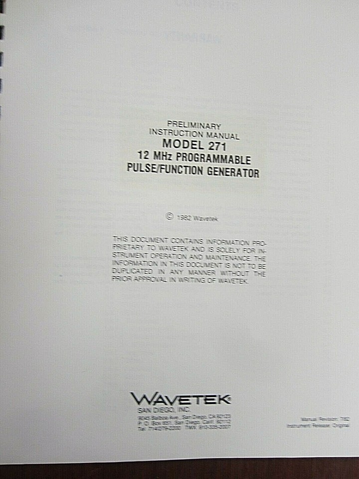 Wavetek Model 271 Programmable Pulse/Function Generator Instruction ...