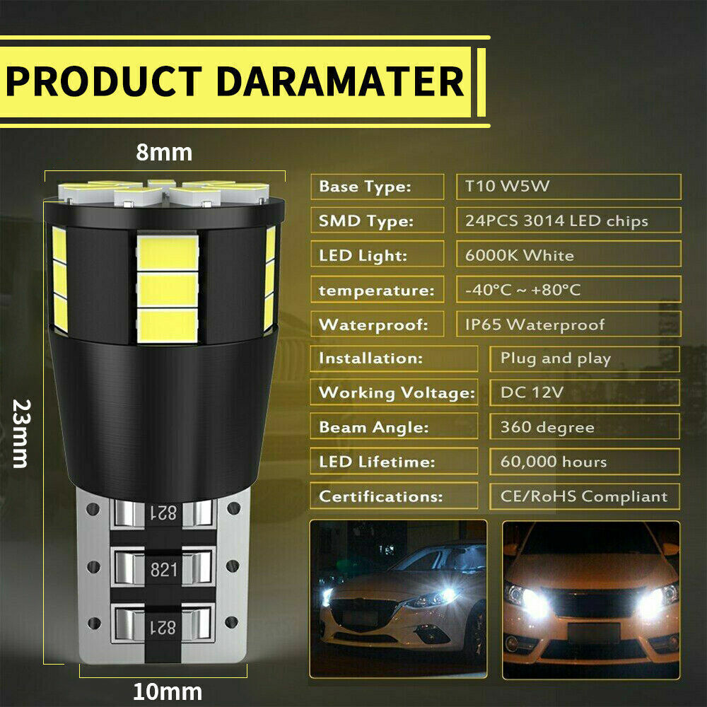 2x 501 T10 Led White Xenon Side Light Bulbs W5W 24SMD Car Canbus Error ...