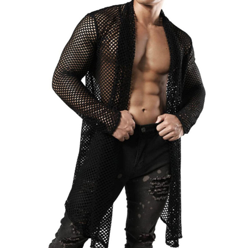 Men Mesh See-Through Gown Robe Fishnet Tops Shirt Long Sleeve Casual ...
