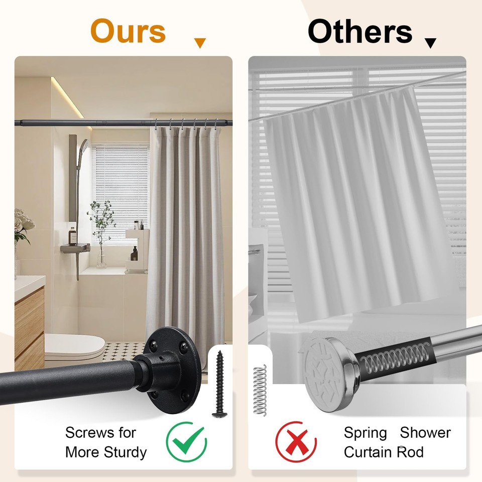 Black Shower Rod 24in-33in,Permanent Screw in Wall Mounted Shower ...