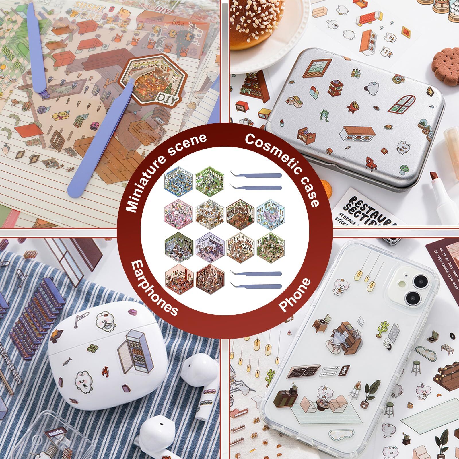 12 Sets 3D Sticker Scene DIY 3D House Stickers Mit Pinzette Miniatur ...