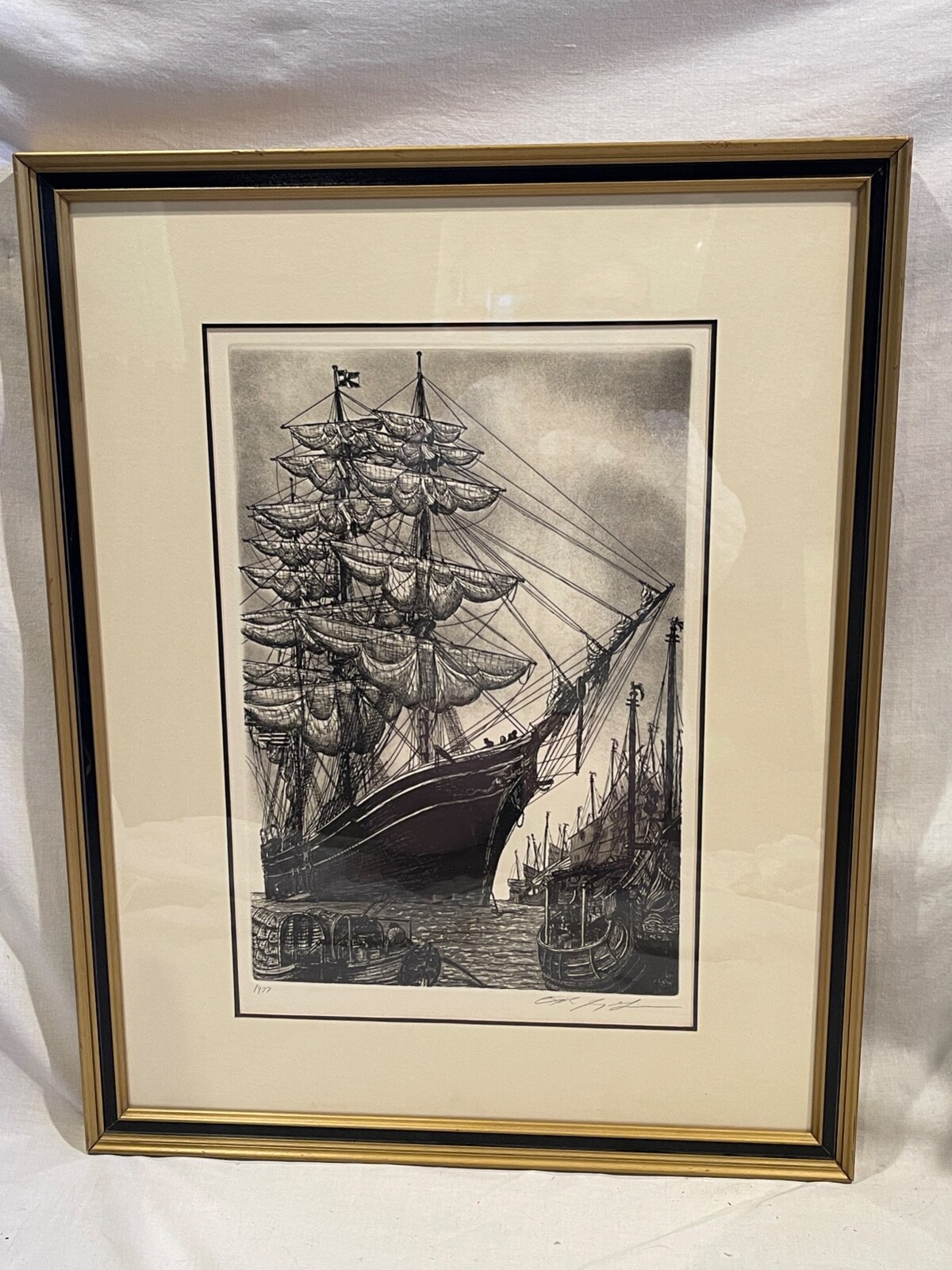 Vintage Signed Alan Jay Gaines Etching Sail Ship Framed 3291 | eBay