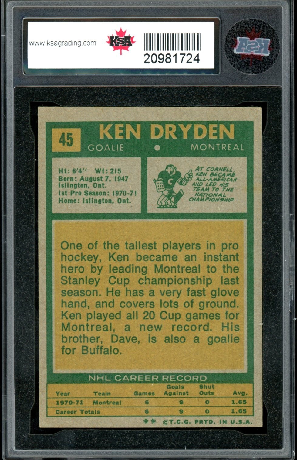 1971-72 Topps Hockey #45 Ken Dryden HOF Rookie KSA 6 EX-NM Montreal ...