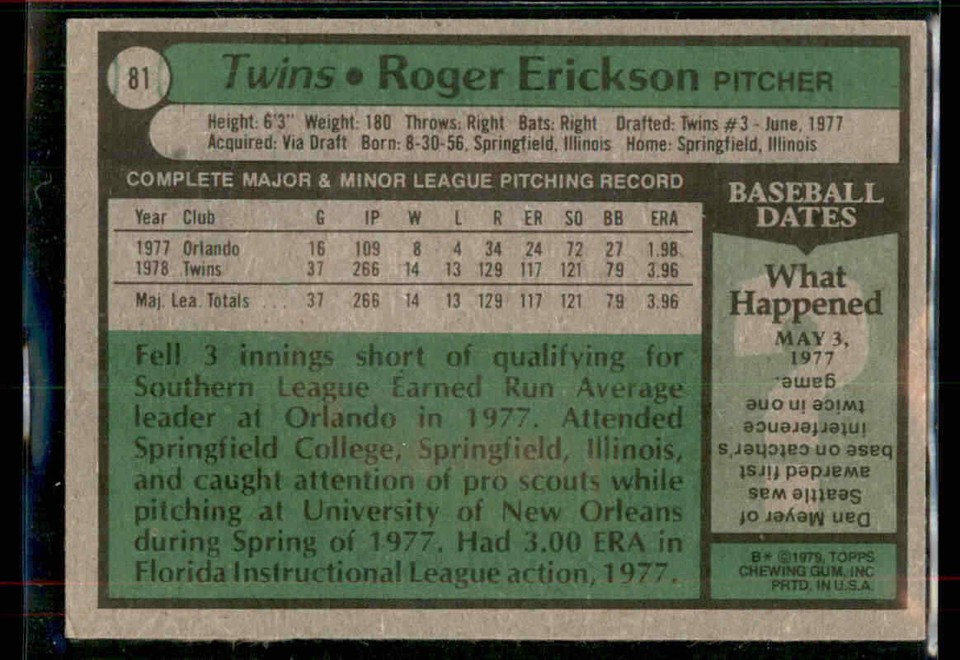 1979 Topps Roger Erickson RC #81 Minnesota Twins | eBay