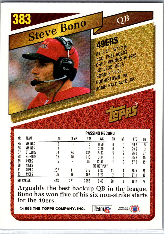 # 383 Steve Bono San Francisco 49ers 1993 Topps | eBay