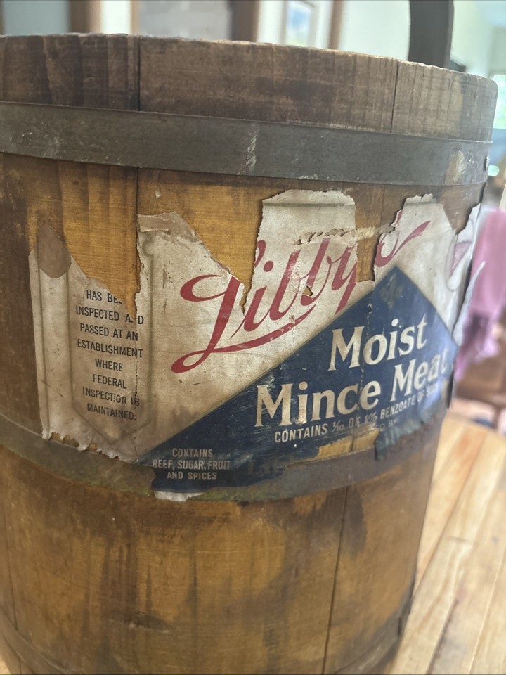 Rare Antique Primitive Libbys WOODEN MINCEMEAT BUCKET Paper label Oil ...