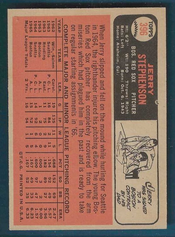 1966 Topps Baseball Boston Red Sox Jerry Stephenson #396 EX | eBay