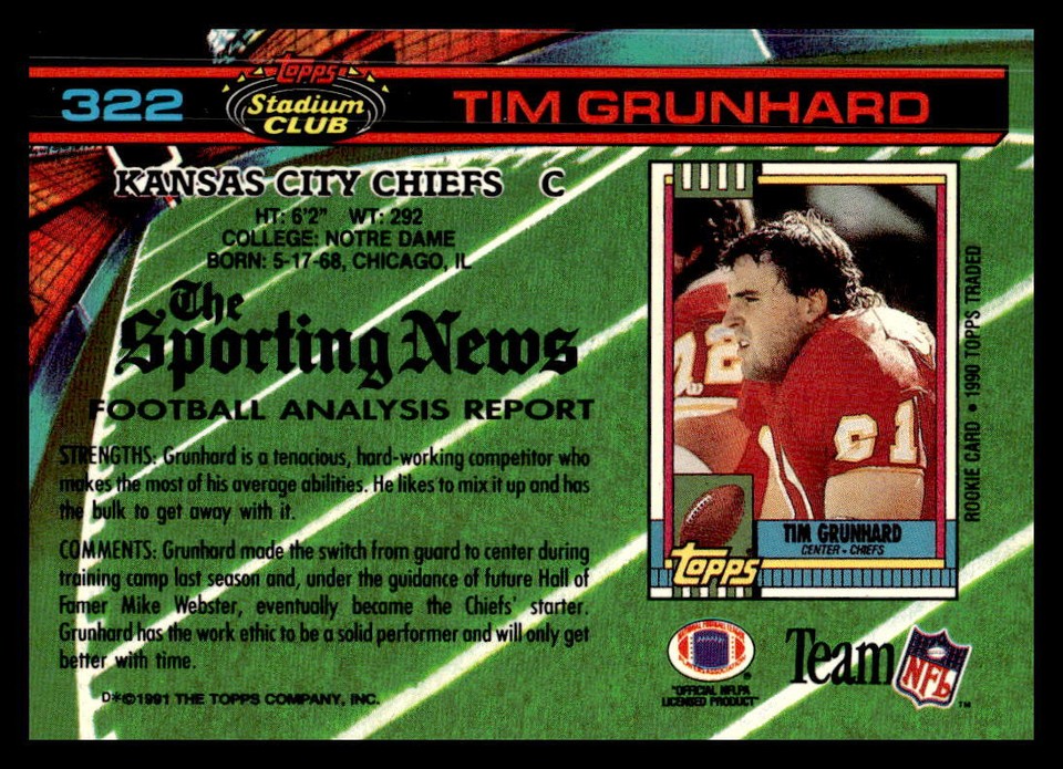 1991 Stadium Club #322 Tim Grunhard Kansas City Chiefs | eBay