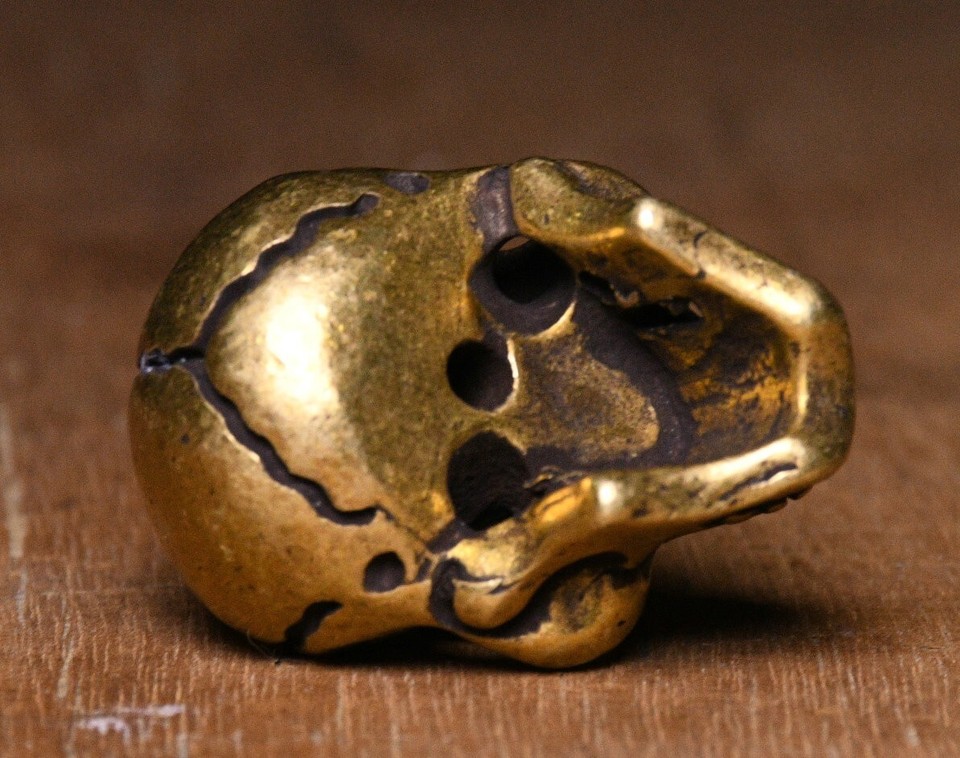 3CM Old Dynasty Bronze Gilt Exorcism Amulet Human Skull Skeleton Head ...