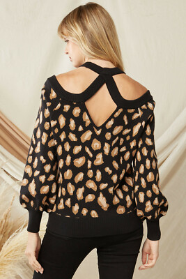 ENTRO Leopard print cold shoulder long sleeve sweater Black, Tan S,M,L ...