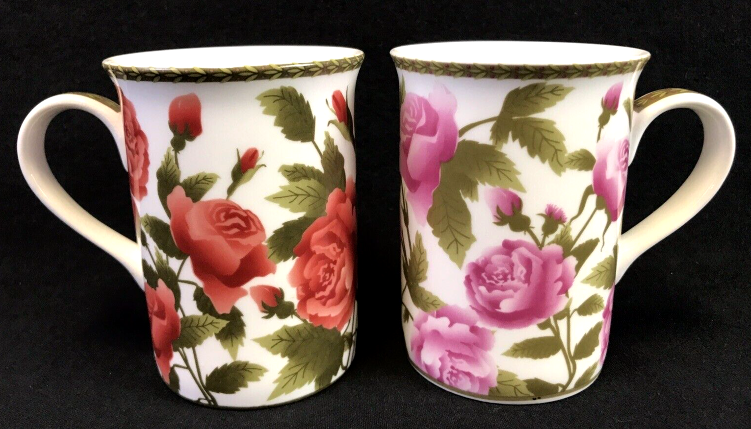 Mayfair & Jackson Red Pink Roses Coffee Mugs Cups Bone China Floral Set ...