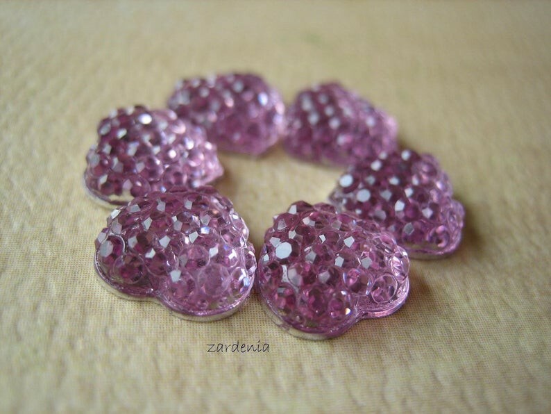 Pink Heart Cabochons 10mm Sparkly Heart Cabochons Flat Back Hearts 6pcs ...