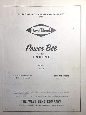 West Bend 610 Power Bee 2-cycle Gas 6.10 Cu In Engine 61006 Owner ...