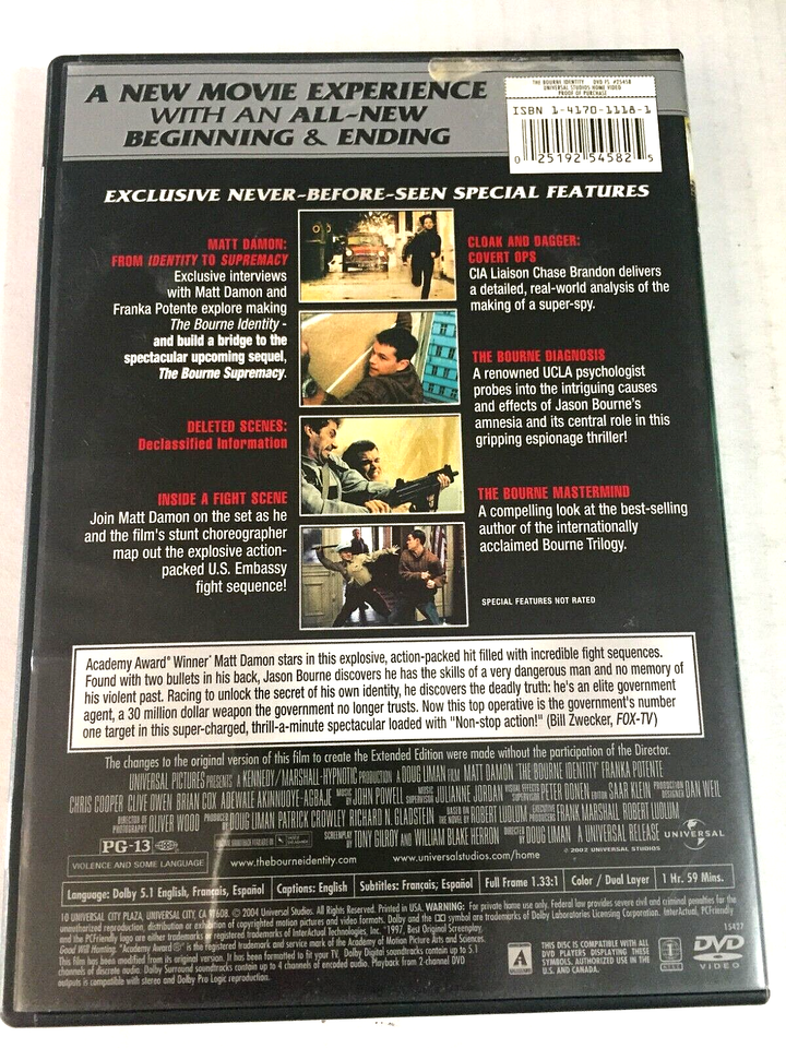The Bourne Identity Extended Edition DVD Full Screen Ships Free With ...
