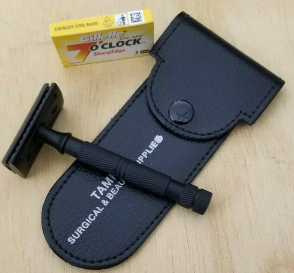 Safety Razor Double Edge Non-Slip Grip Razors with 5 Blades Pouch ...