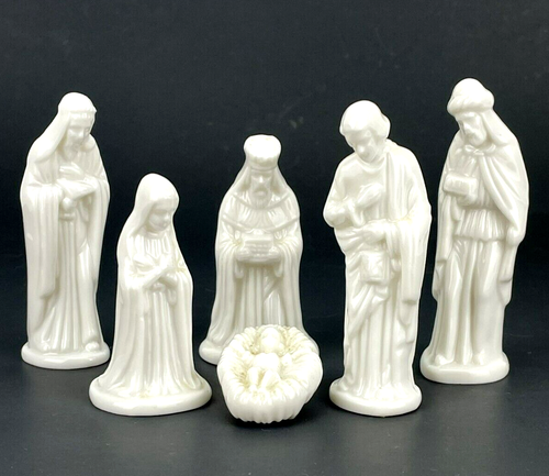 6 Piece Miniature Nativity Set Creche White Porcelain Bisque Tallest is ...
