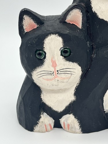 Vtg. Wooden Cat James Haddon Hand Carved Signed Folk Art Black & White ...