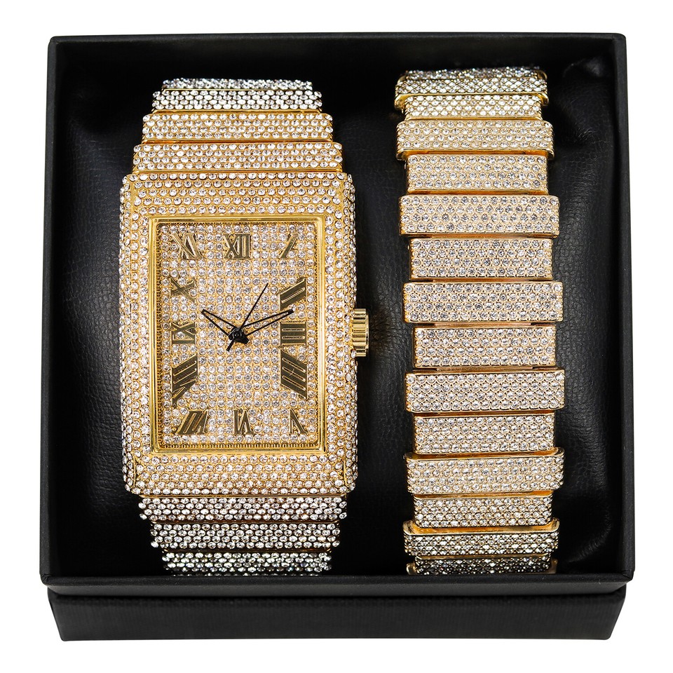 Men's Watch Square Round Luxury Chandelier Hip Hop Full Iced & Bracelet ...