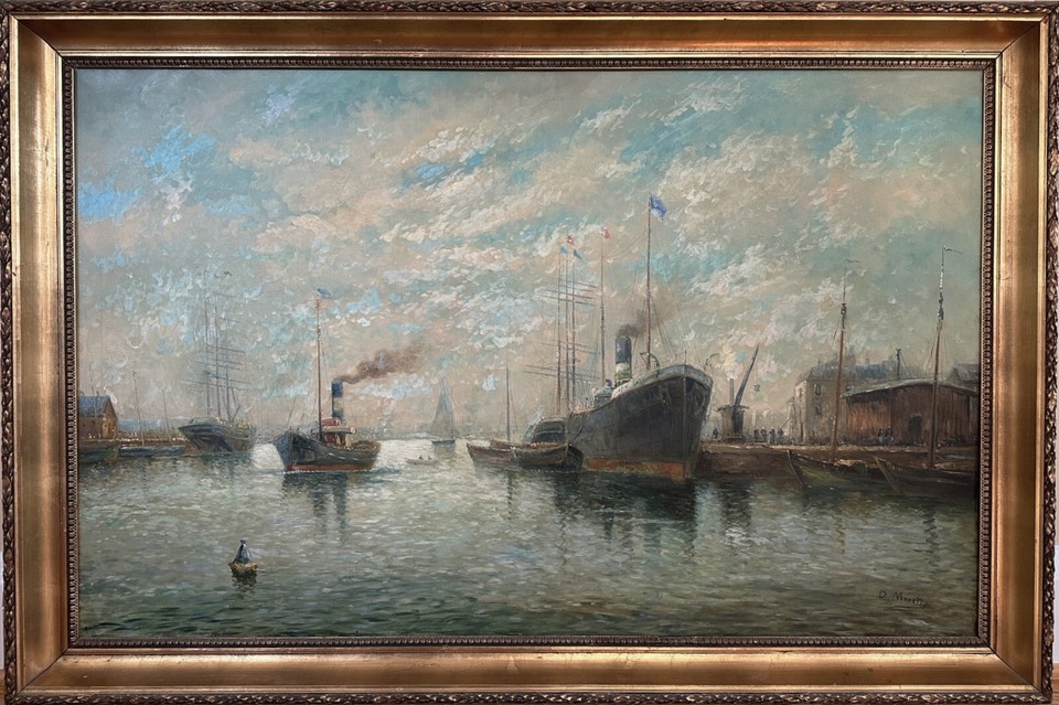 D. Moretti ( Italian 1900- ) Original Oil Painting Harbor Scene Signed ...
