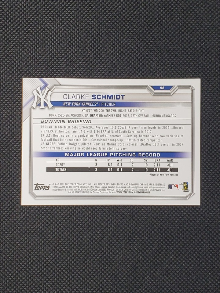 2021 Bowman Clarke Schmidt Rookie #98 New York Yankees RC | eBay