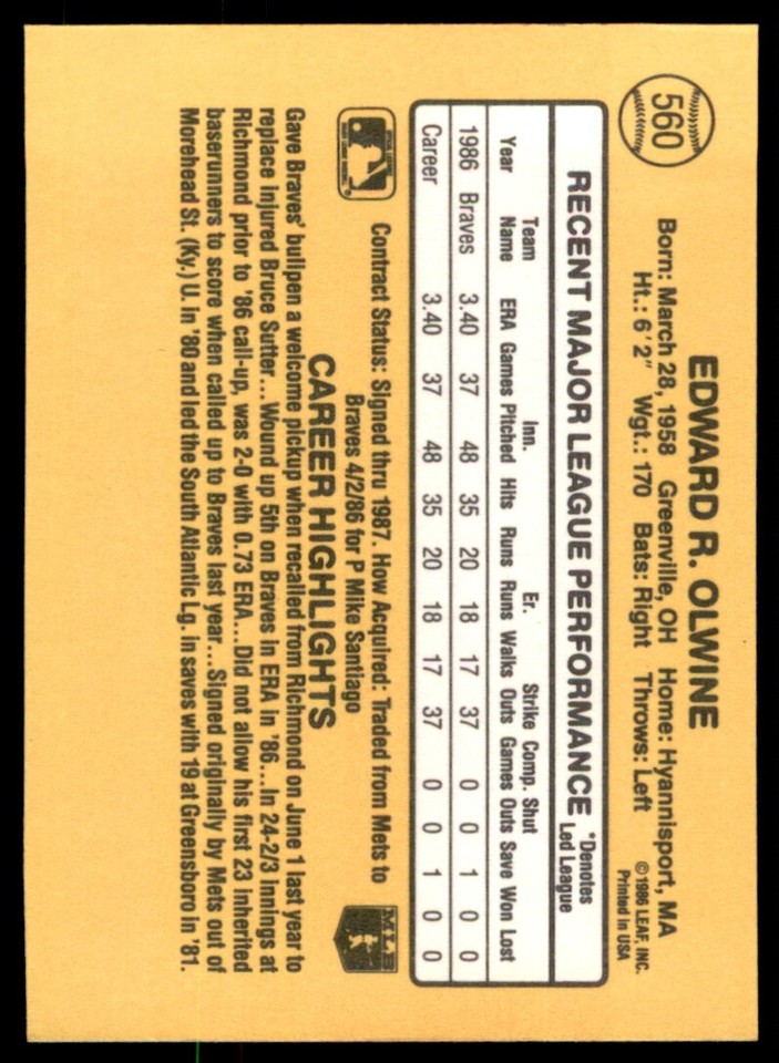 1987 DONRUSS ED OLWINE RC PUZZLE #560 | eBay