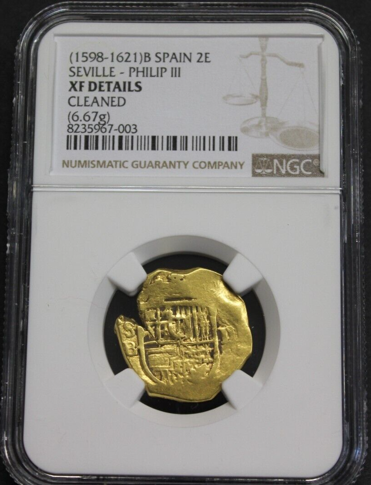 PHILIP III GOLD 2 ESCUDOS COB NGC XF SEVILLA DOUBLOON COLONIAL ERA ...