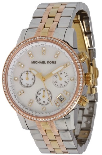 MICHAEL KORS RITZ SILVER, ROSE,GOLD TRI,3 TONE+CRYSTAL,MOP CHRONO WATCH ...