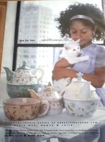 2000 print ad - saks fifth avenue teapots CUTE little girl kitty cat ...