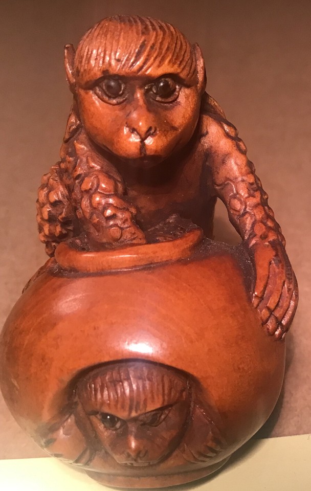Japanese Boxwood Netsuke - Dual Kappa w/Pot - Signed | eBay