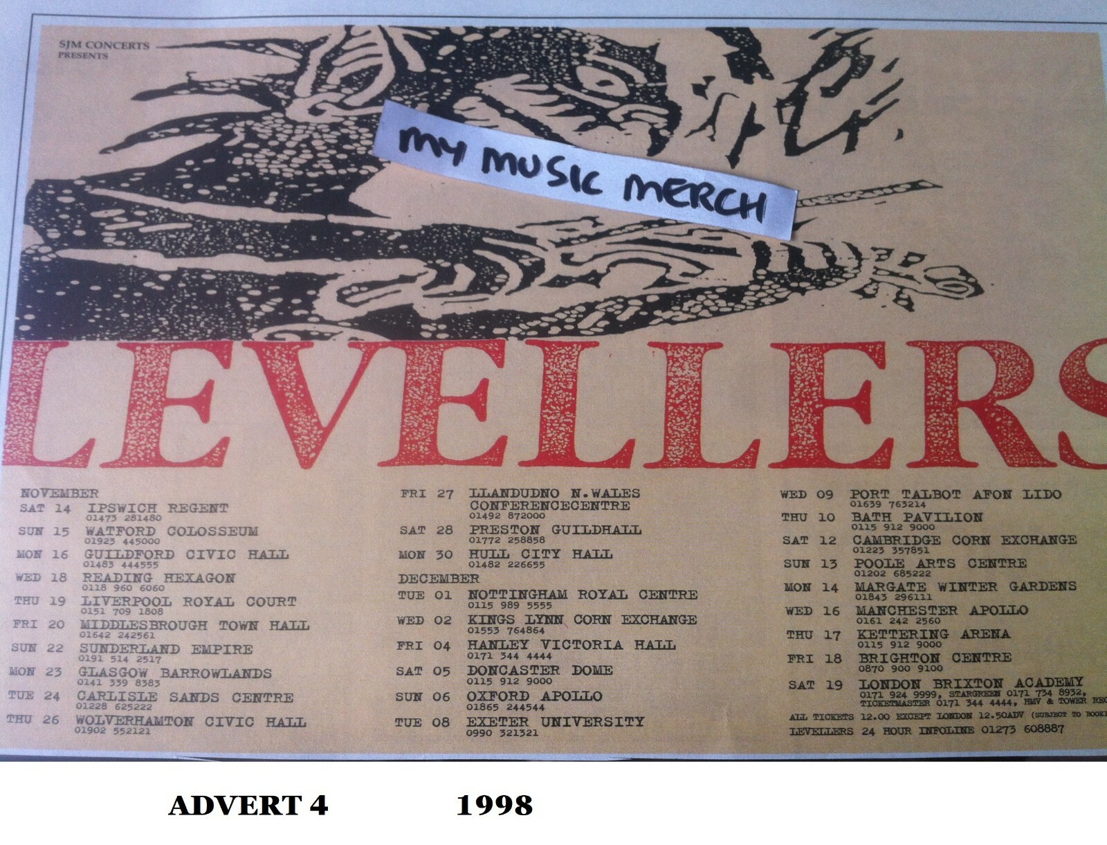 THE LEVELLERS - UK TOUR DATES 1993 1992 1995 1998 - small advert ...