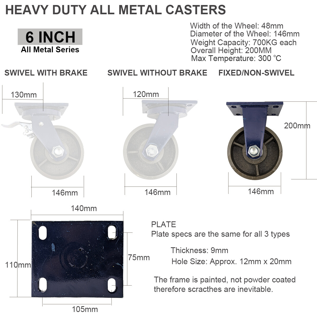 1x Heavy Duty Caster Wheel 6inch All Metal Heat Resistant Castor Fixed ...